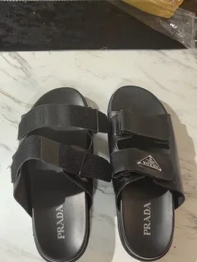 Prada | Shoes | Prada Black Leather Doublestrap Slide Sandals Size ...